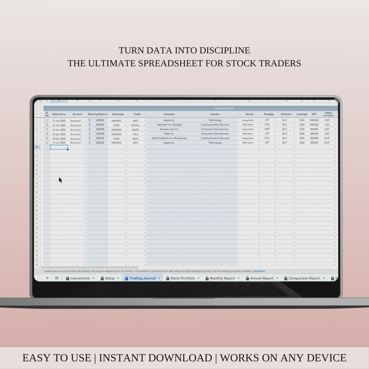 Stock Trading Journal Template for Google Sheets & Excel | SpreadsheetsHub