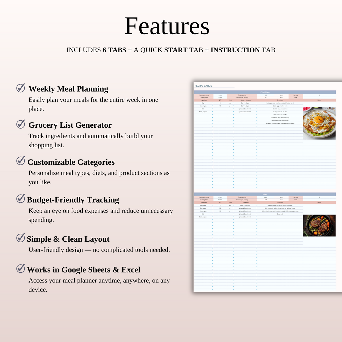 Meal Planner Template for Google Sheets & Excel | SpreadsheetsHub
