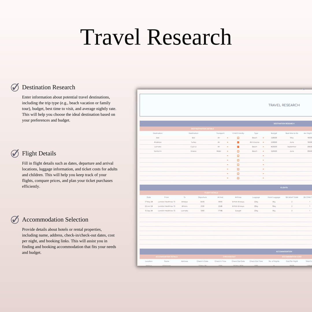 Travel Planner Spreadsheet Template for Google Sheets & Excel