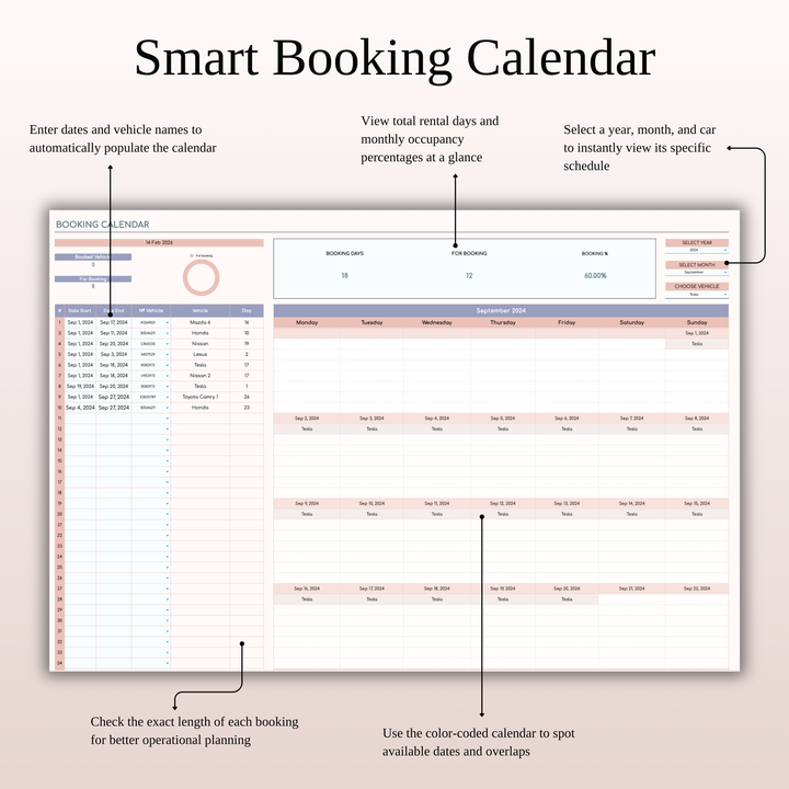 Vehicle Rental Booking Tracker Spreadsheet Excel & Google Sheets