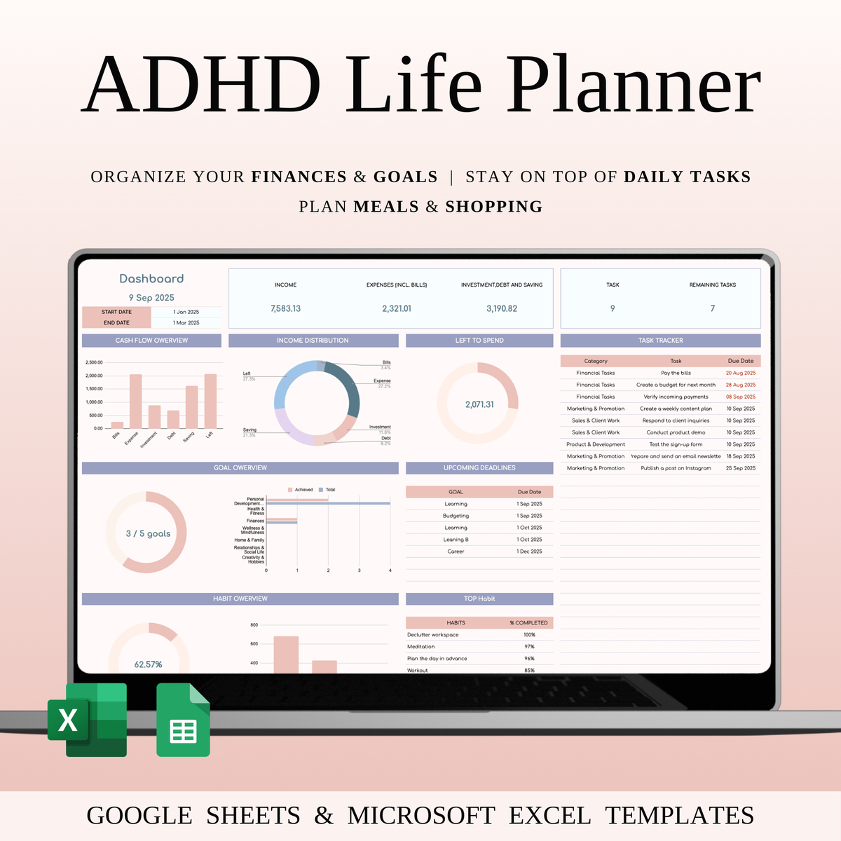 ADHD Life Planner Spreadsheet for Focus & Clarity - SpreadsheetsHub