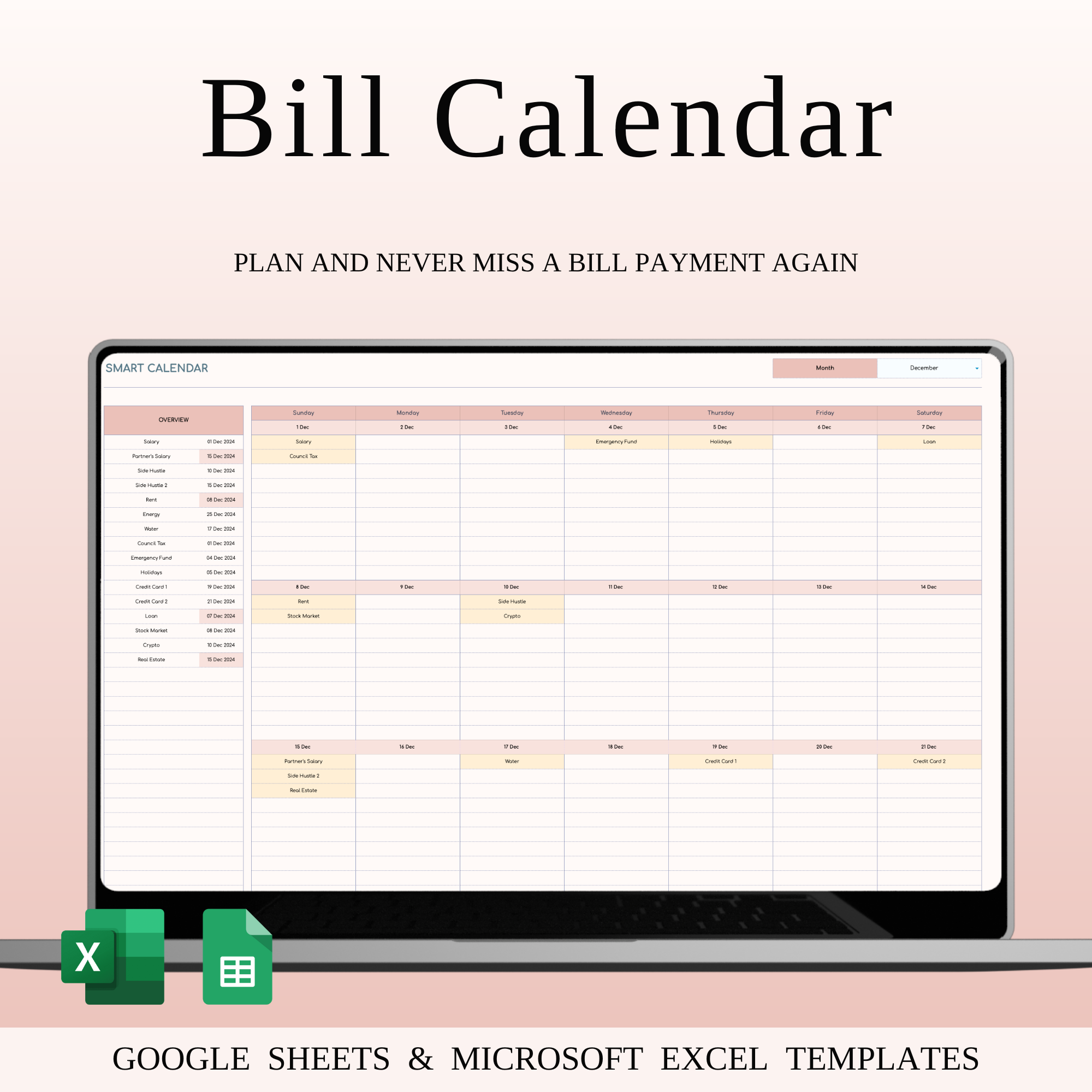 Bill Calendar Templates in Excel & Google Sheets | SpreadsheetsHub