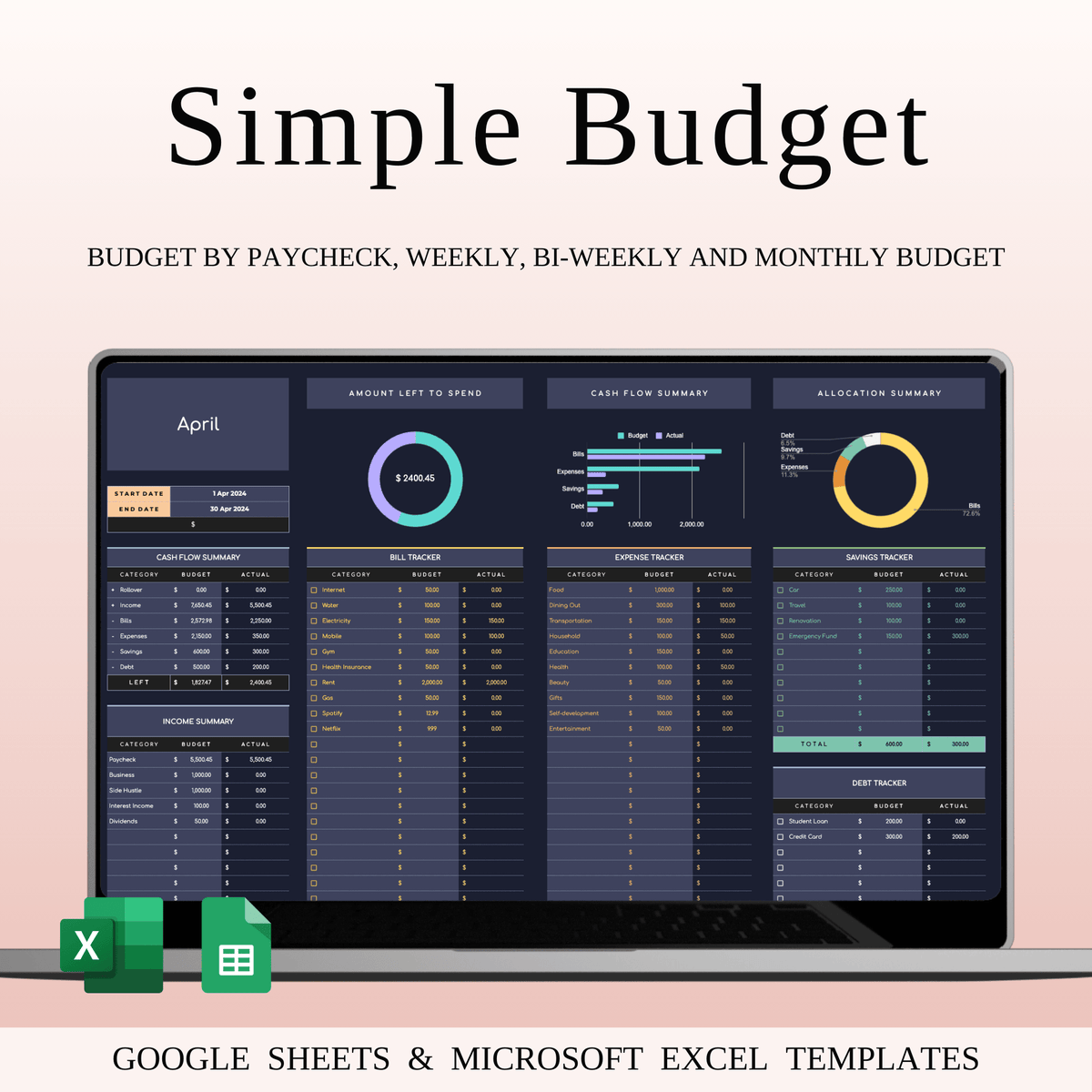 Personal Finance Budget Spreadsheet for Excel & Google Sheets