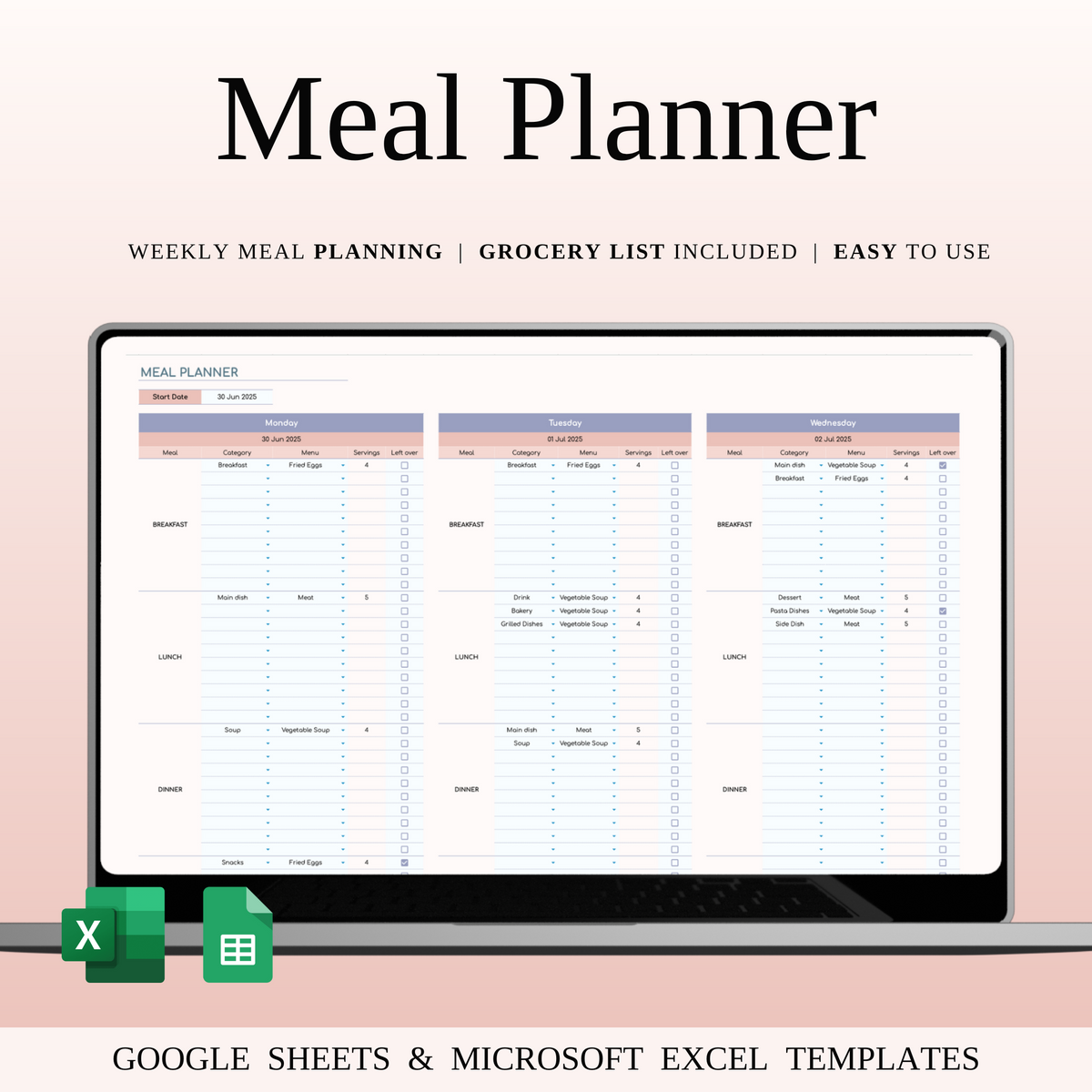 Meal Planner Template for Google Sheets & Excel | SpreadsheetsHub