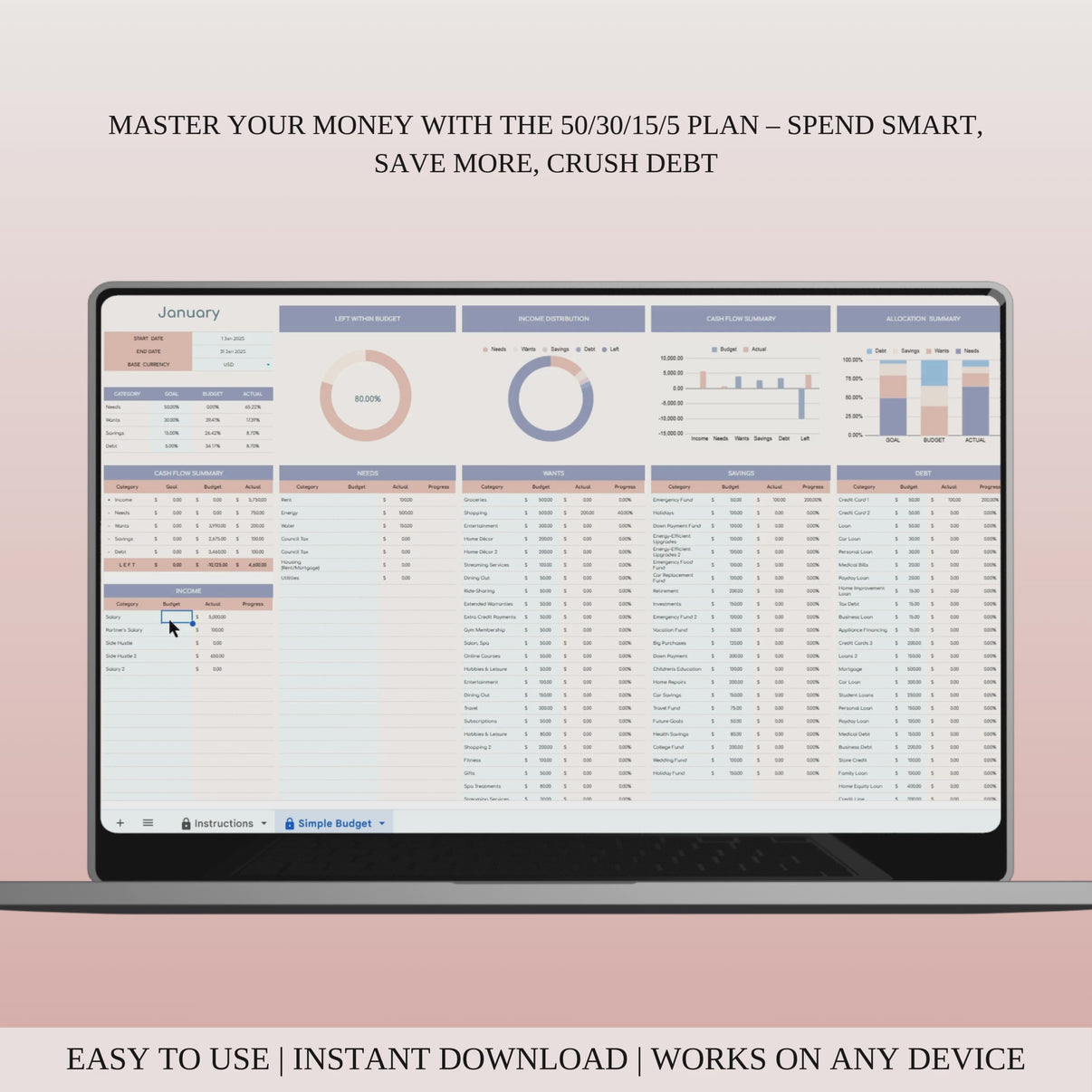 50/30/15/5 Budget Spreadsheet Template | Excel & Google Sheets