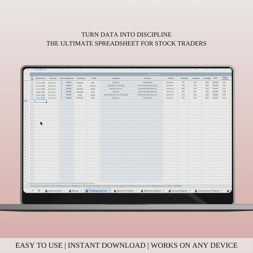 Stock Trading Journal Template for Google Sheets & Excel