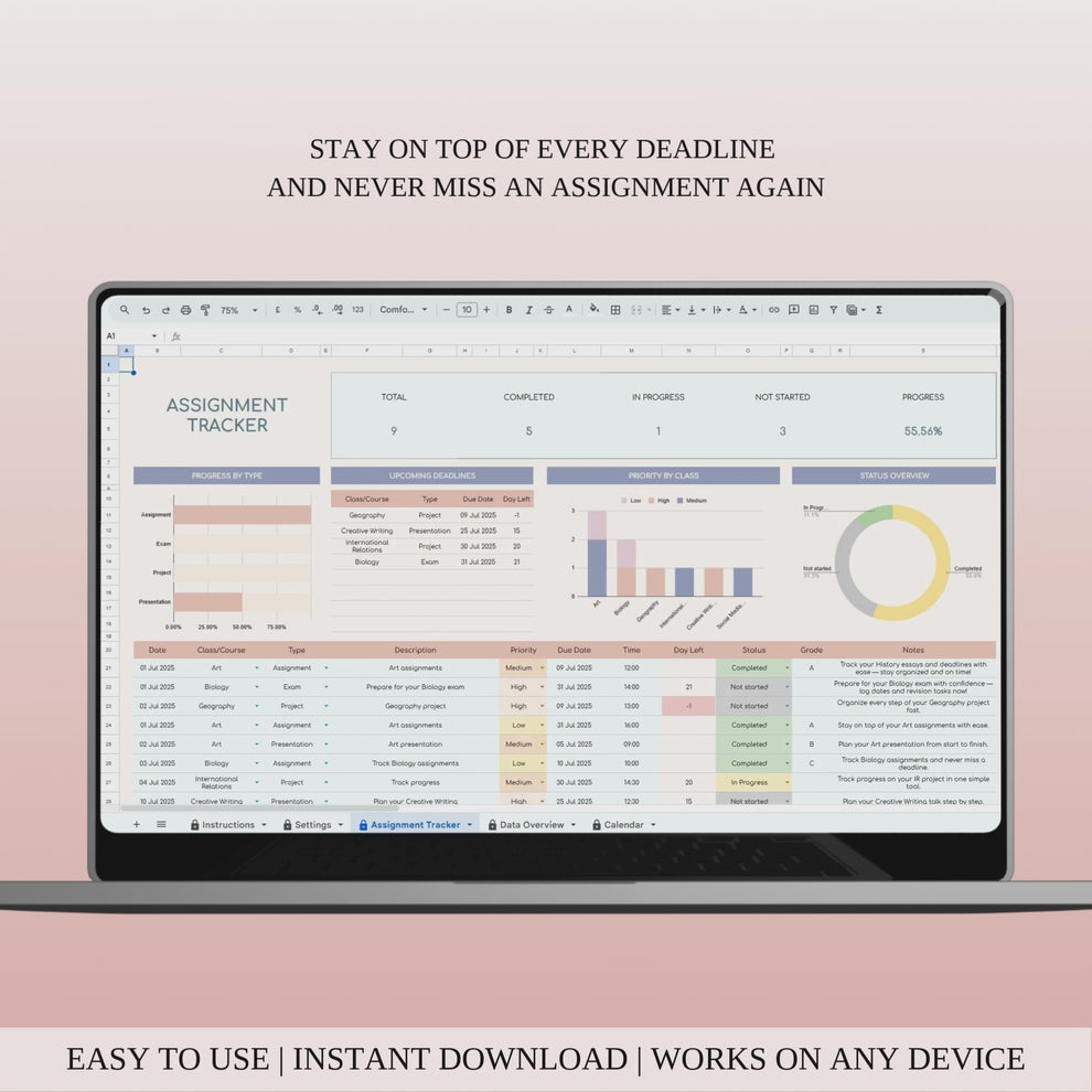 Assignment Tracker Spreadsheet Template for Google Sheets & Excel