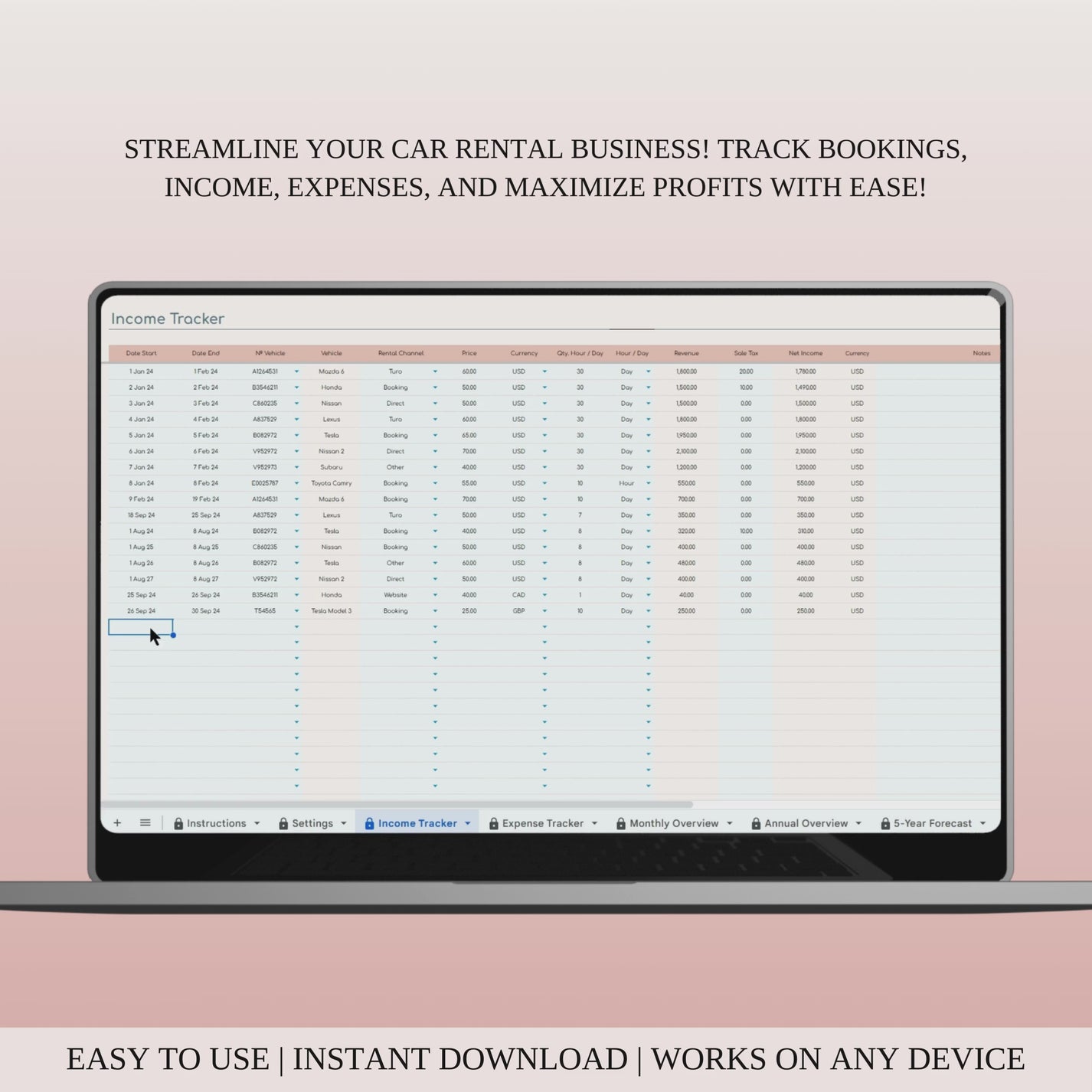 Vehicle Rental Booking Tracker Spreadsheet Excel & Google Sheets