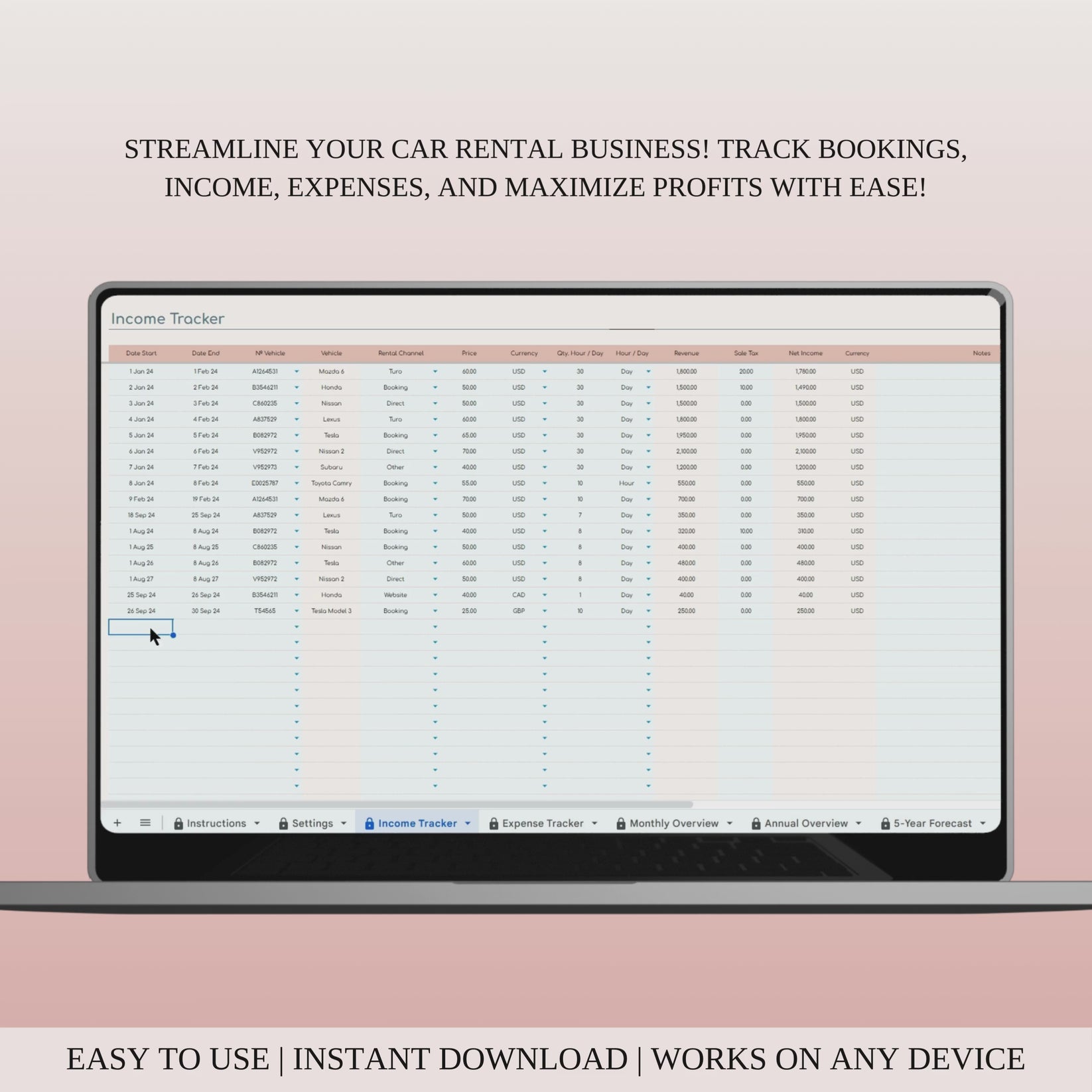 Vehicle Rental Booking Tracker Spreadsheet Excel & Google Sheets