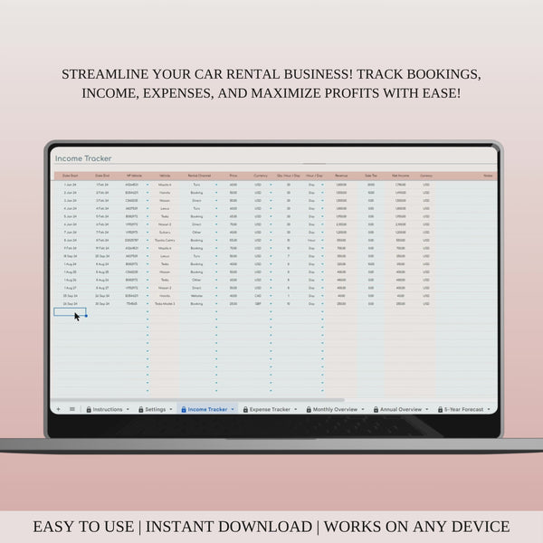Vehicle Rental Booking Tracker Spreadsheet Excel & Google Sheets