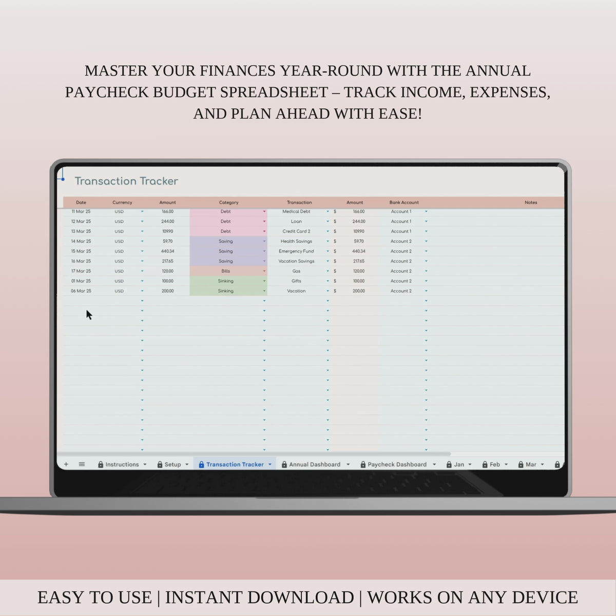 Annual Paycheck Budget Tracker | SpreadsheetsHub