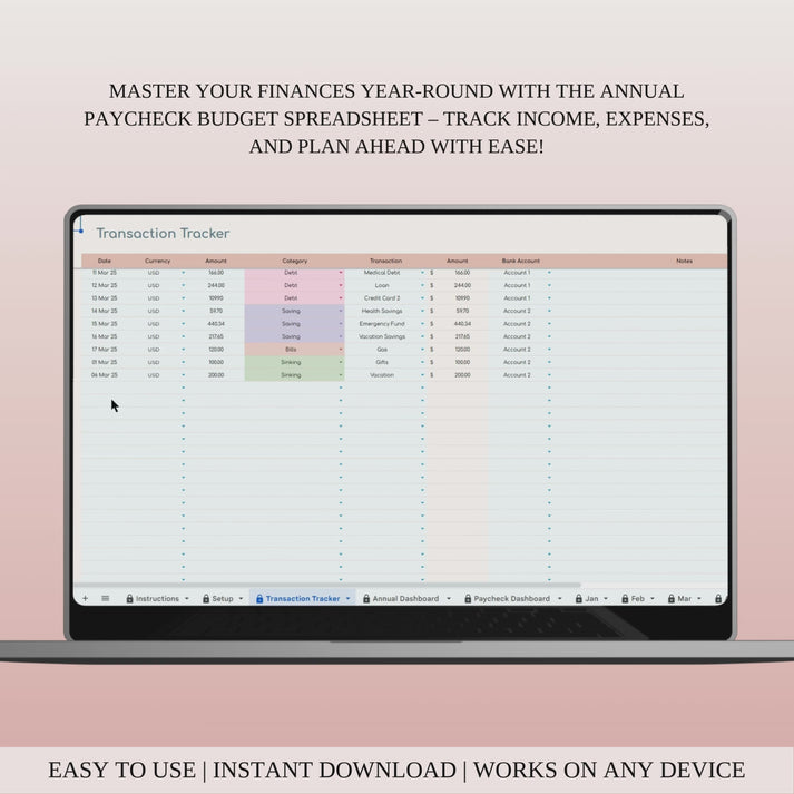 Annual Paycheck Budget Tracker | SpreadsheetsHub